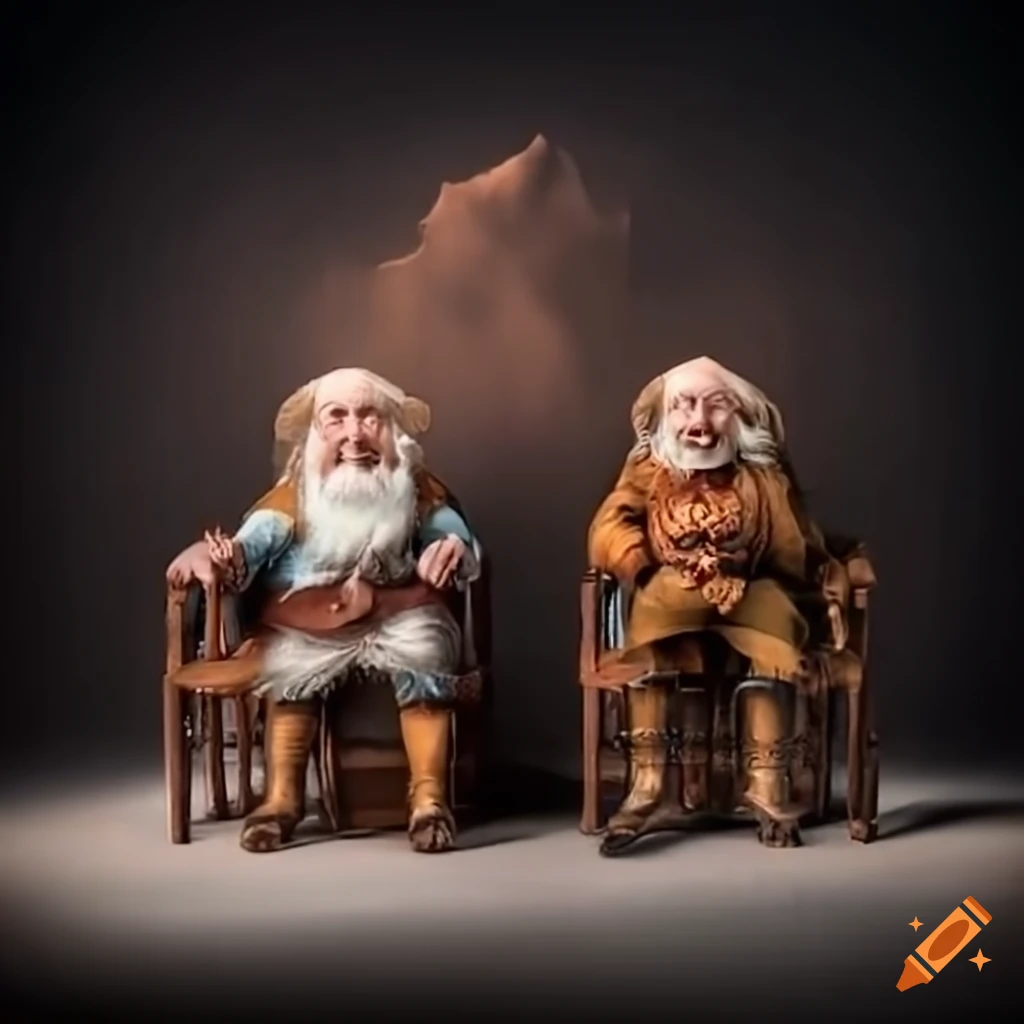 Three dwarfs sitting on chairs in a castle on Craiyon