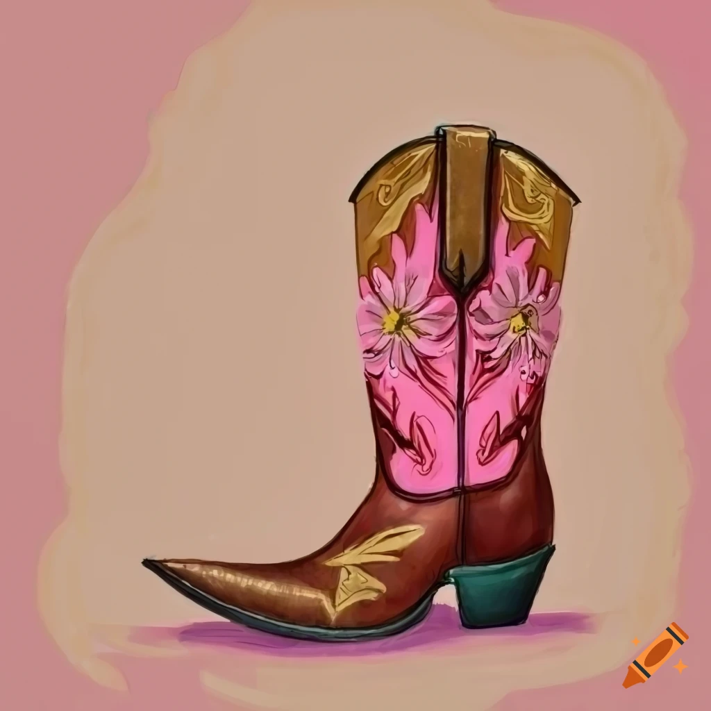 Light pink and tan flowers in a brown cowboy boot drawn with colored ...