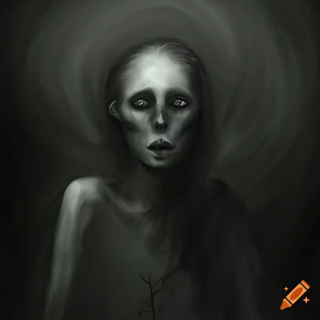 Creepy black and white sketch of a tortured soul in a surreal dream landscape on Craiyon