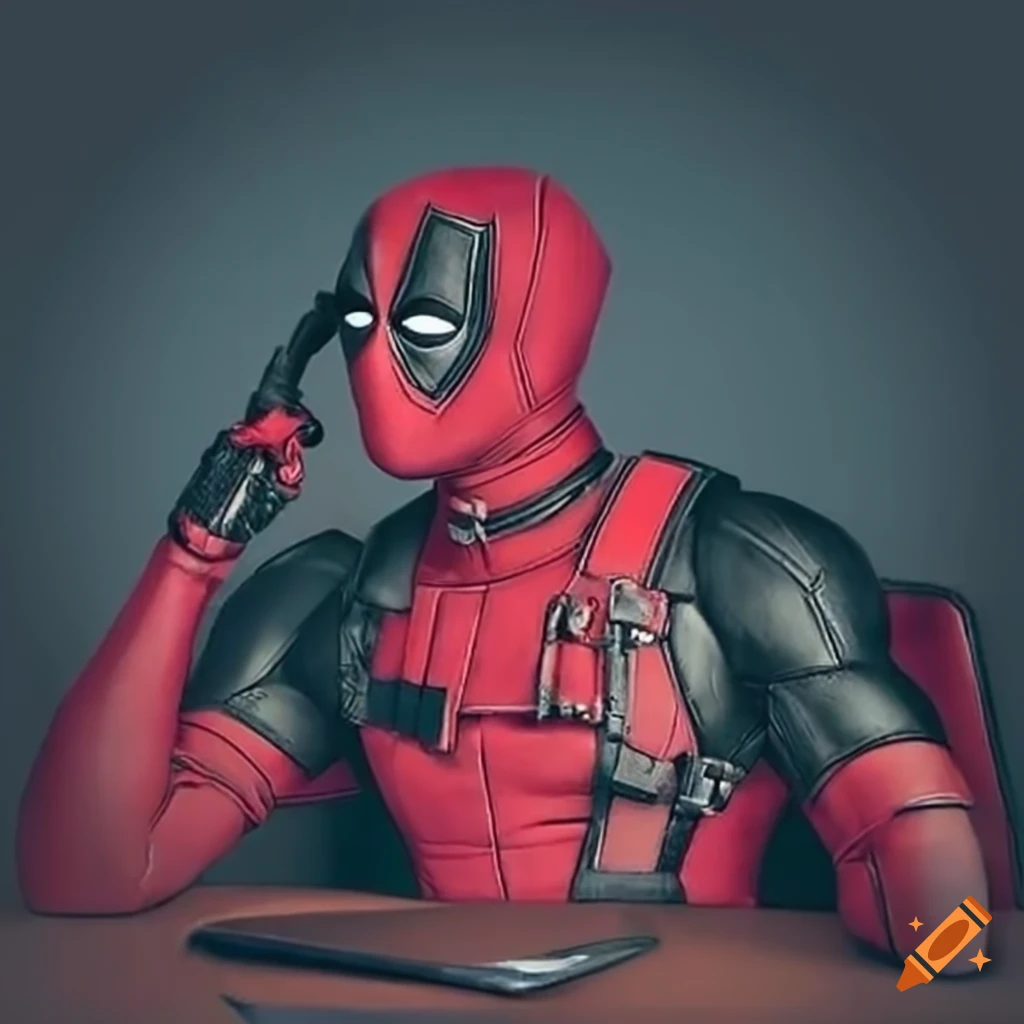 Deadpool in a serious mood thinking with stress on desk on Craiyon