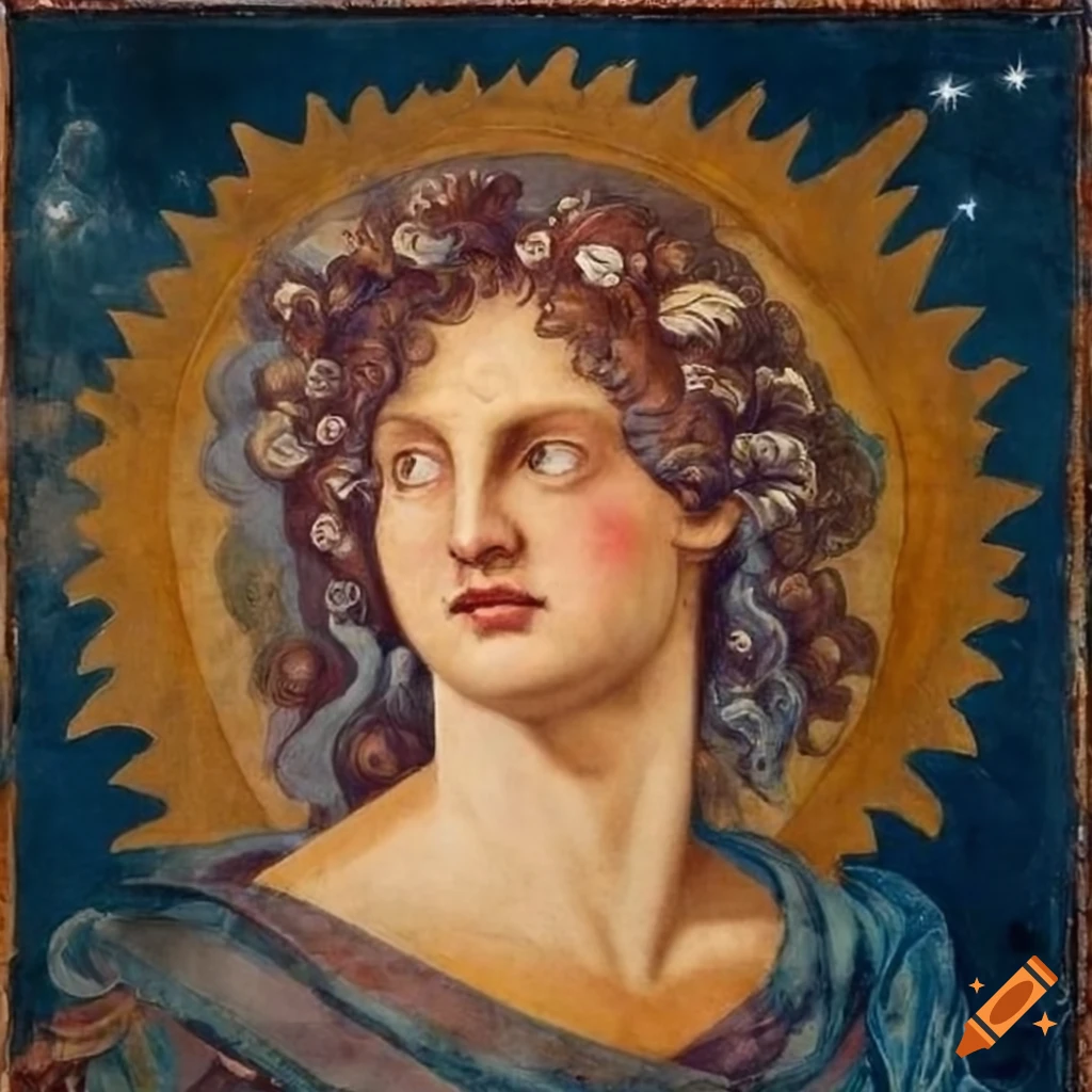 Renaissance fresco of apollo the sun god holding a spear in ...