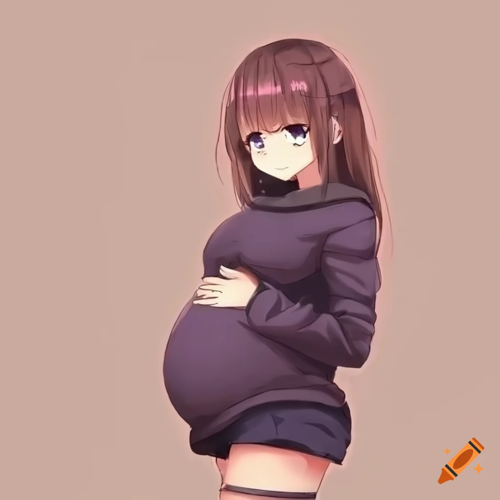 Anime girl in sweater hugging her baby bump on Craiyon