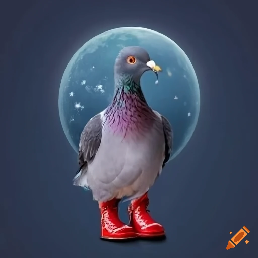 Gray pigeon in red boots and top hat with umbrella under the moon on ...