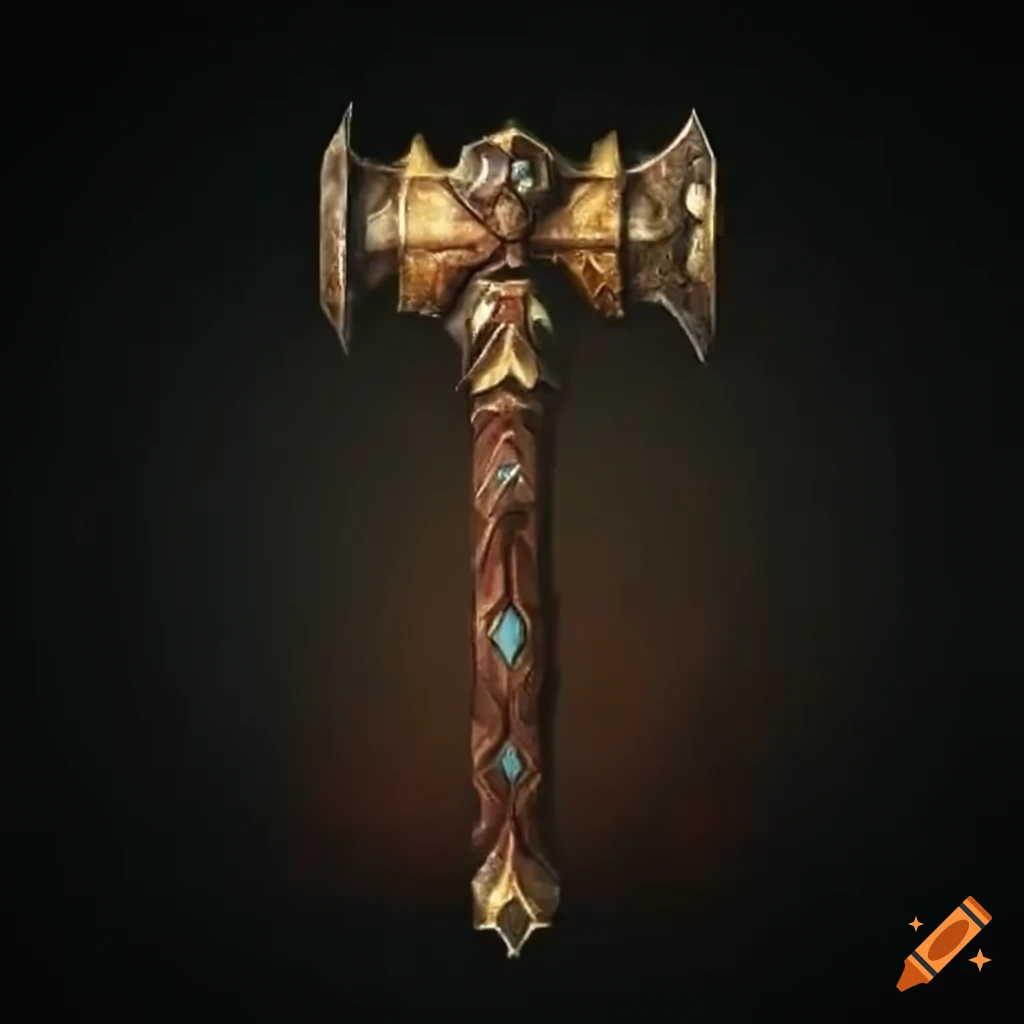 Powerful battle-worn hammer emitting divine heat and energy on Craiyon
