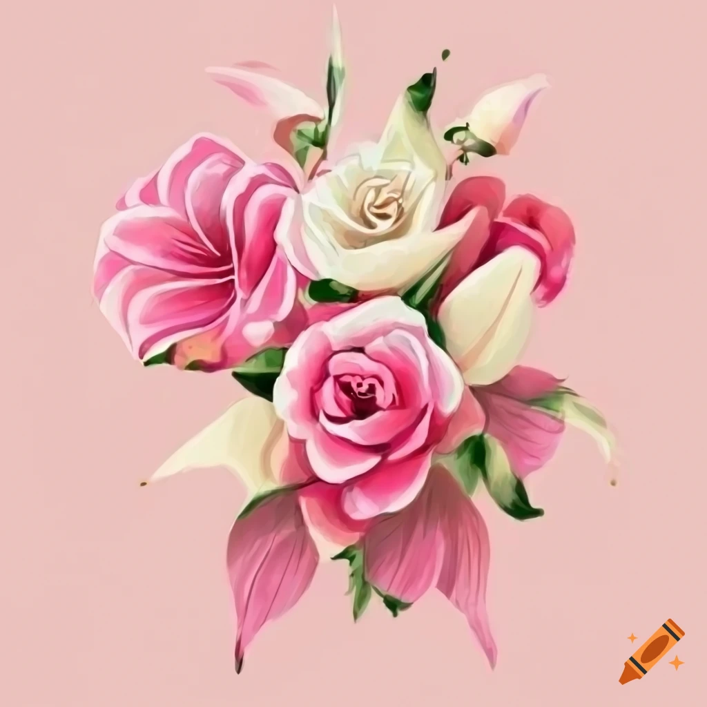 Pink and ivory flowers in colored pencil clipart style on Craiyon
