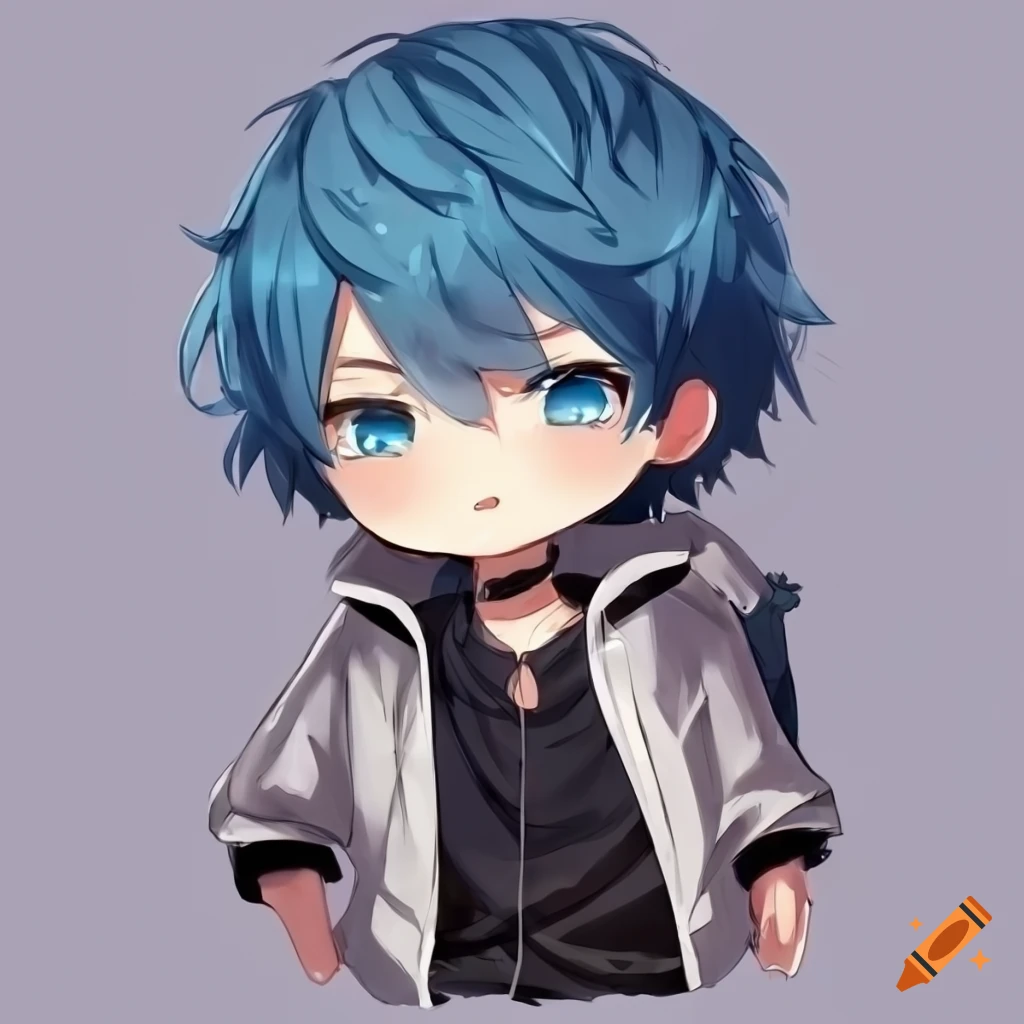 Chubby anime boy chibi with blue hair, black eyes, and white jacket on ...