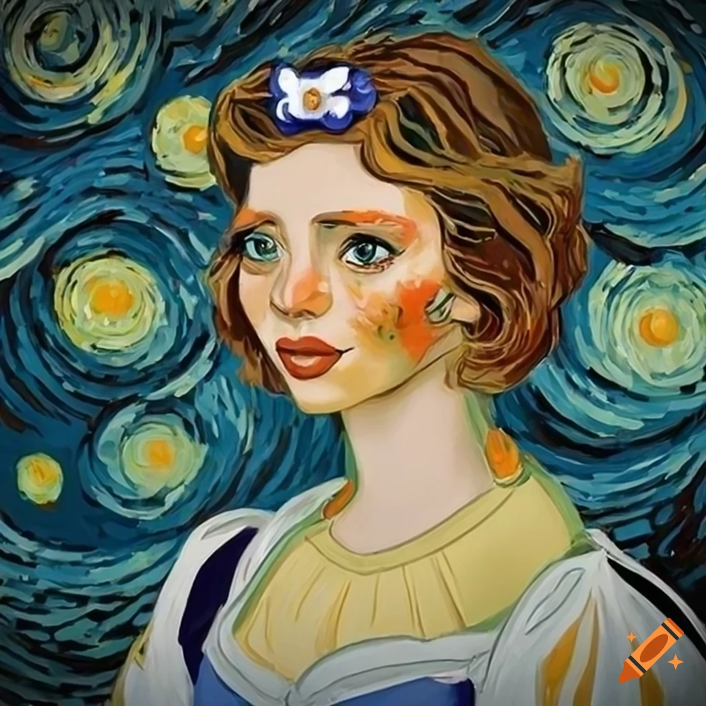 Snow White portrait inspired by Van Gogh's Starry Night on Craiyon