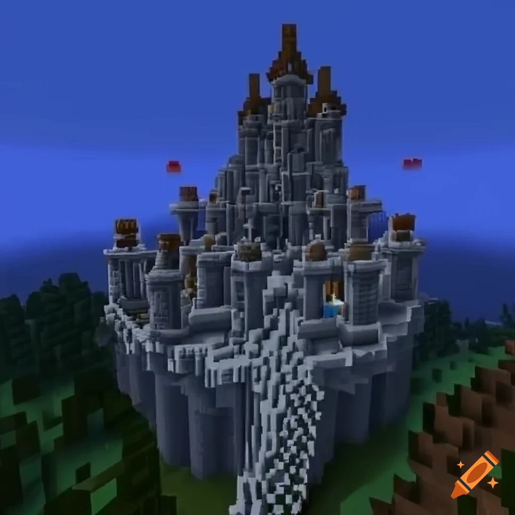 Big white castle on mountain stairs in a minecraft world on Craiyon