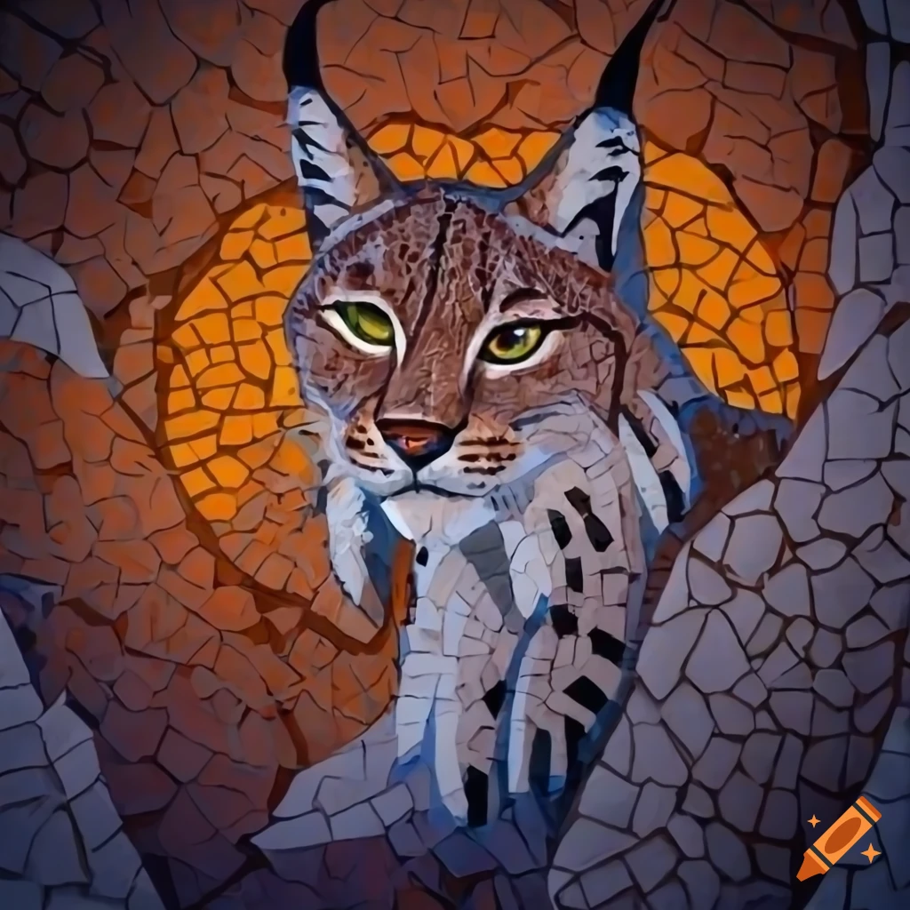 Cave mosaic featuring a long-haired lynx with prehistoric art style on ...