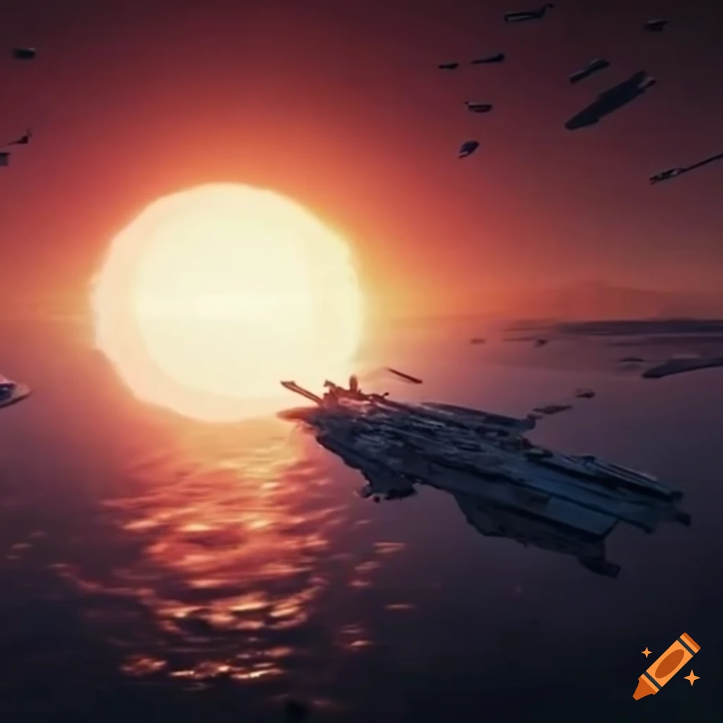 Wide view of a Star Wars ship with two suns in the distance on Craiyon