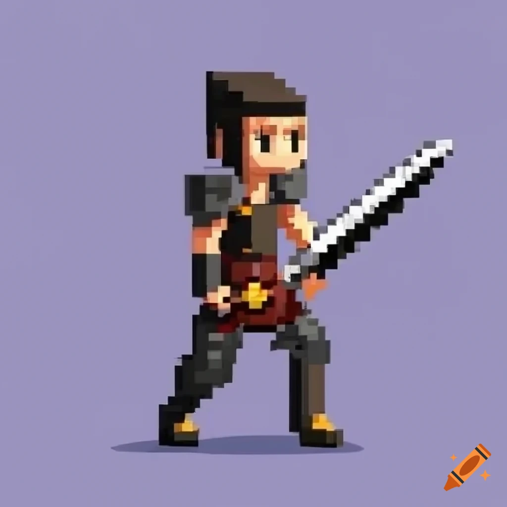 Isometric pixel warrior character with sword in 2D design on Craiyon