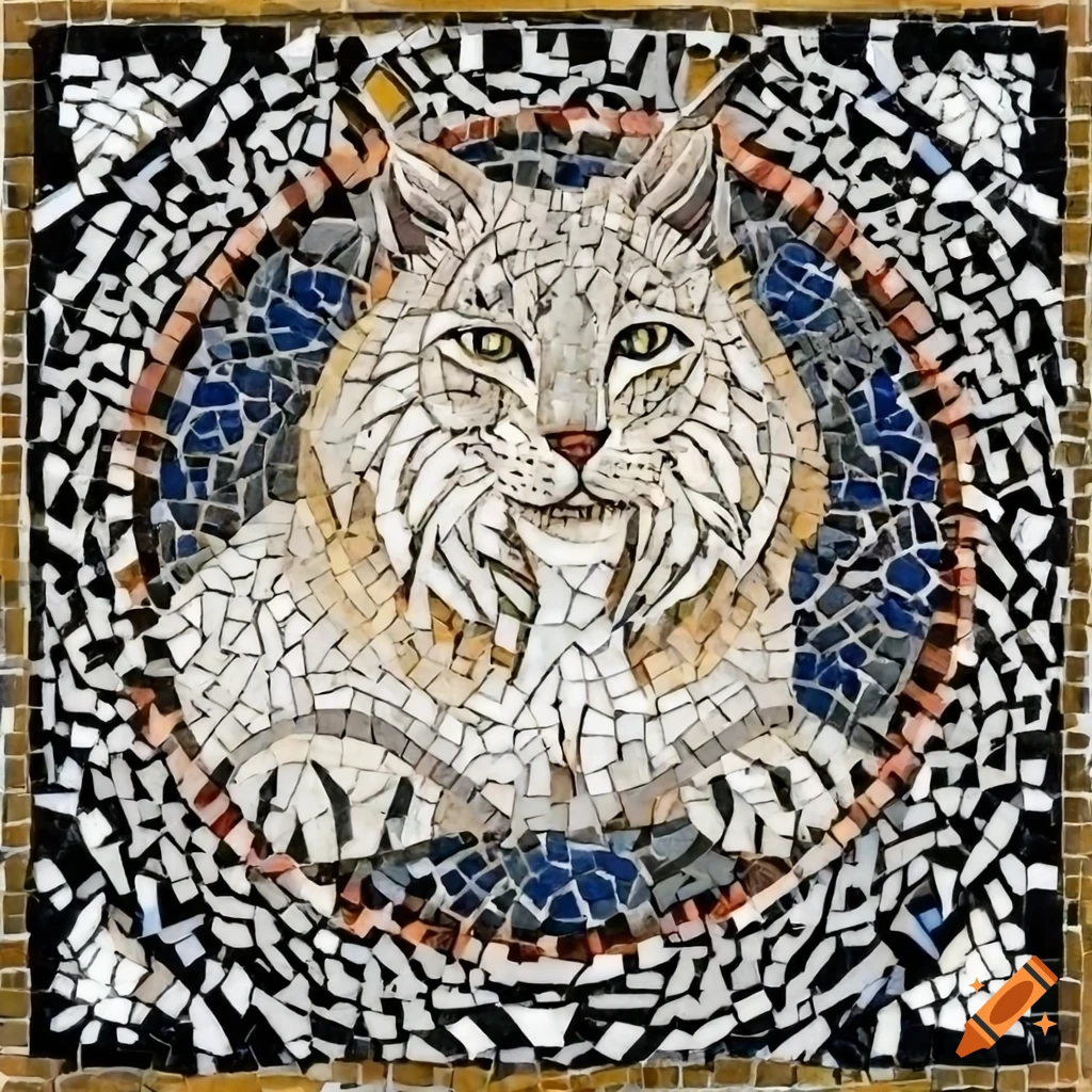 Stone mosaic of a long-haired white lynx with a huge mane in altaic ...