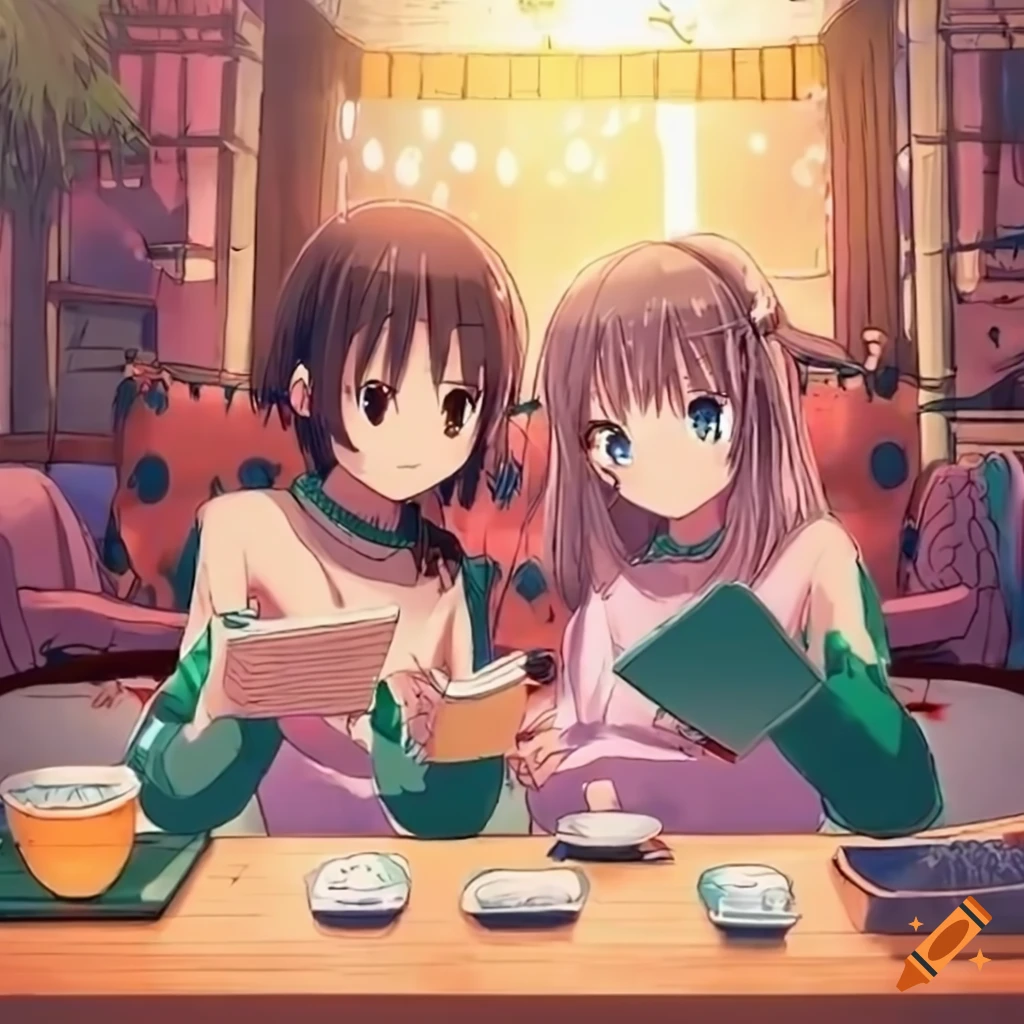 Five cheerful anime girls studying and drinking coffee on a terrace on ...