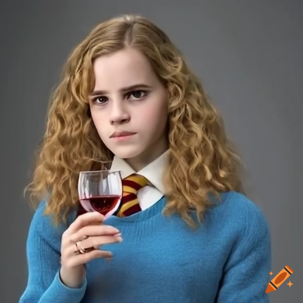 Hermione Granger in a blue sweater with a glass of wine on Craiyon