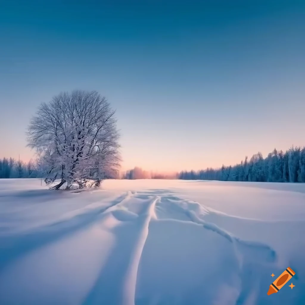 Serene snow-covered landscape with snow-covered trees and a pristine ...