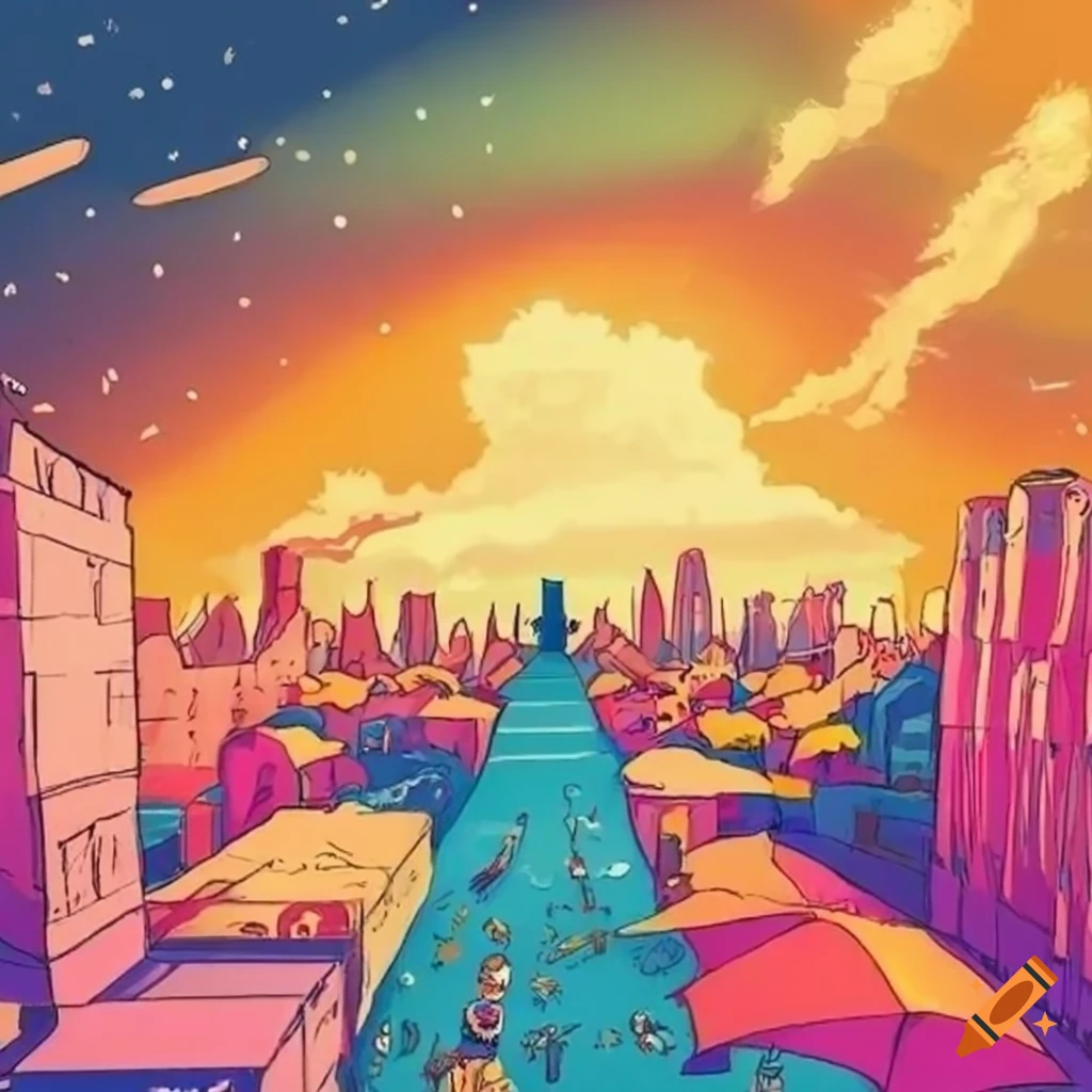 Comic-style philosophy landscape with colorful but washed color tones ...
