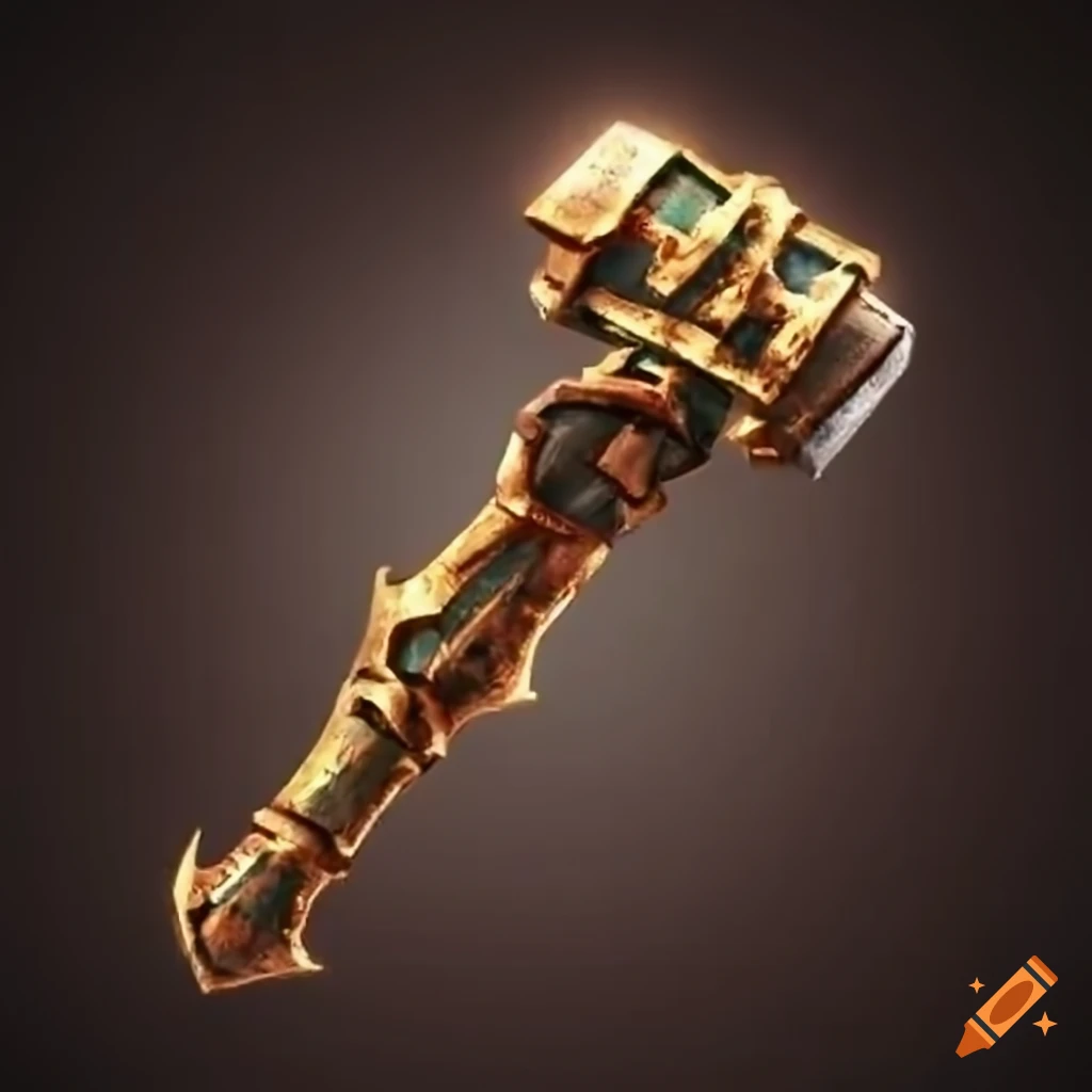 Powerful battle-worn hammer emitting divine heat and energy in bronze and brass tones on Craiyon