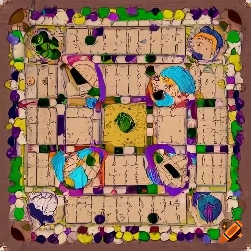 Overhead view of a square game board with fairies eating fruits and ...