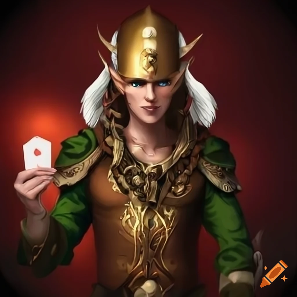 Male elf with wings holding cards and wearing a helmet on Craiyon