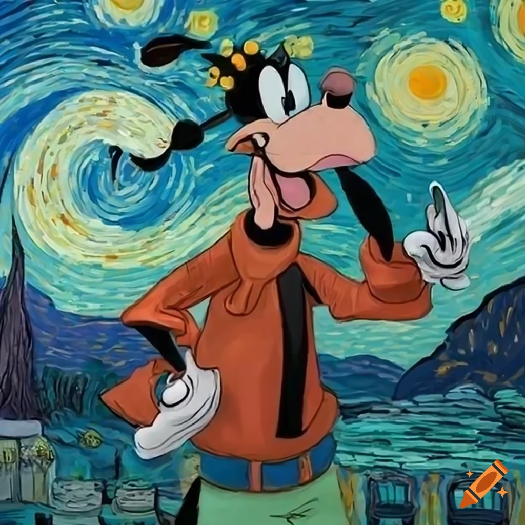 Goofy animation character in Van Gogh's Starry Nights style on Craiyon