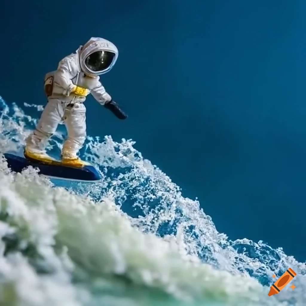Astronaut surfing a big wave in a miniature diorama on Craiyon