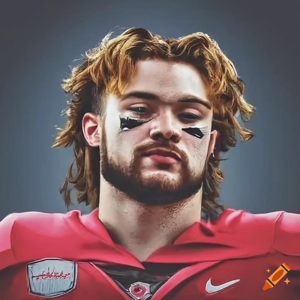 Justin Herbert with a mullet and full beard in Ohio State attire on Craiyon