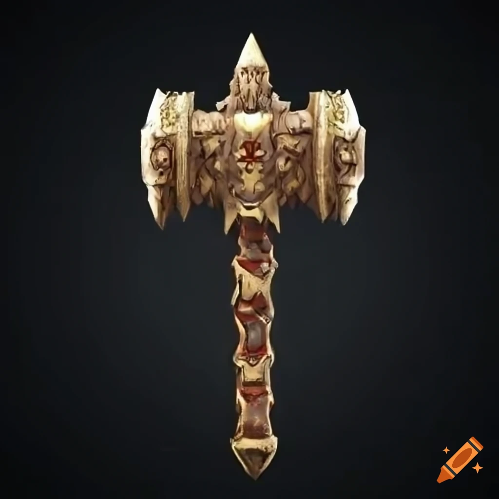 Powerful battle-worn hammer emitting divine heat and energy on Craiyon