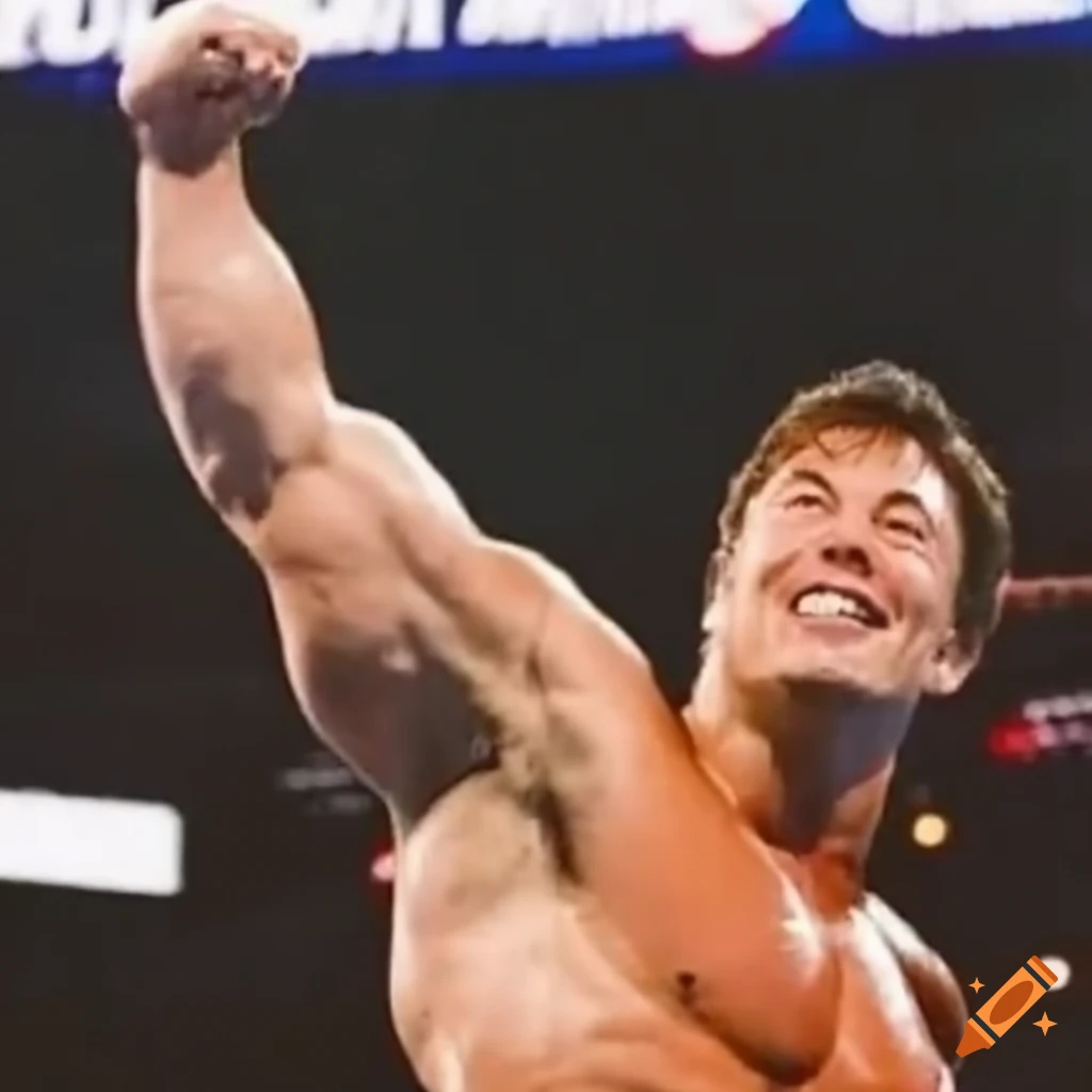 Laughing elon musk bodybuilder in 1986 wwe magazine on Craiyon