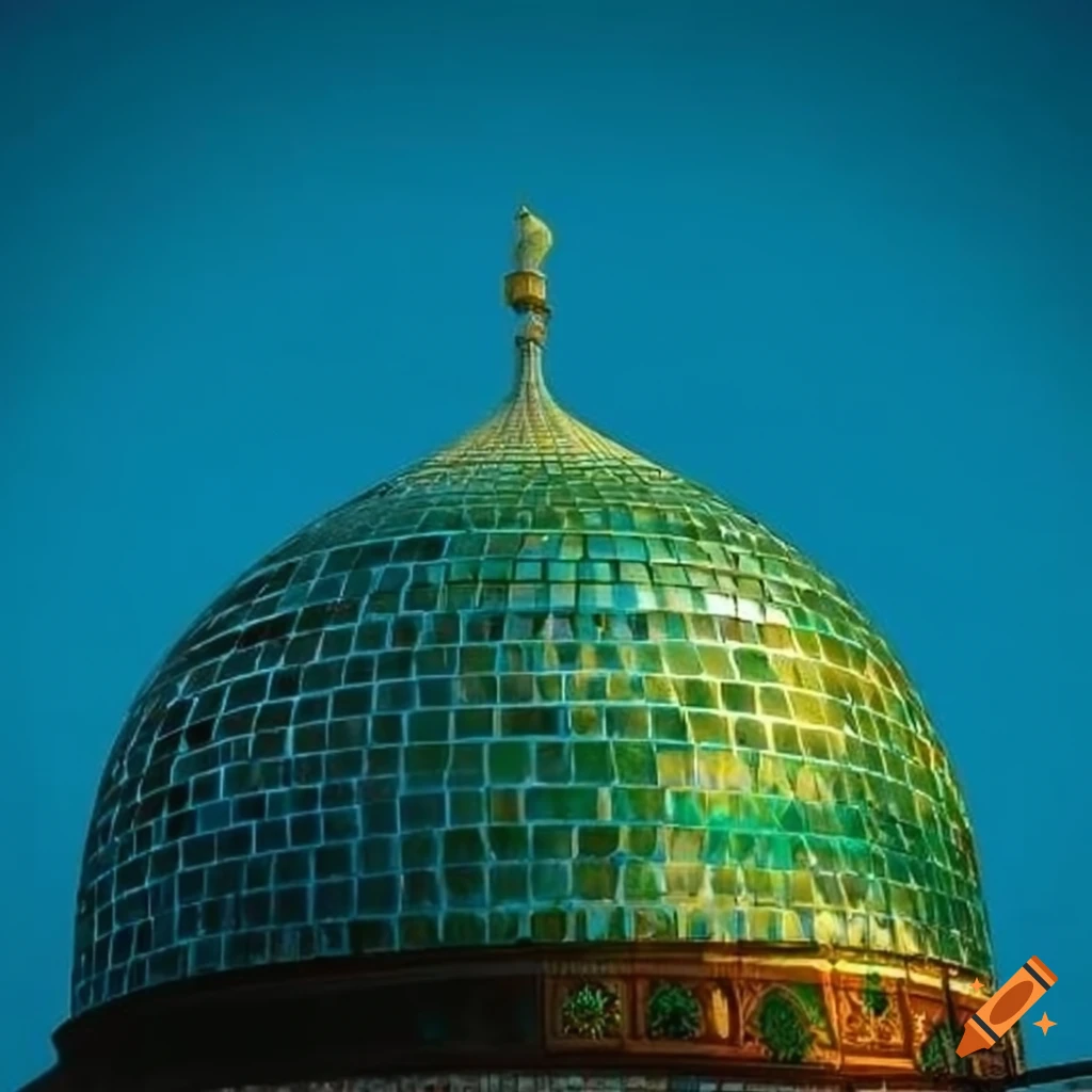 Green dome of a mosque with sun above, resembling a disco ball on Craiyon
