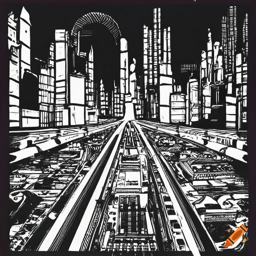 1970s-inspired black-and-white sci-fi metropolis drawing on Craiyon