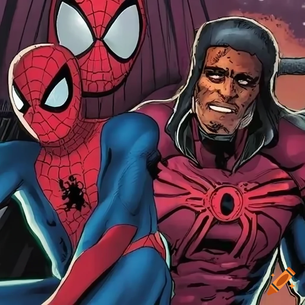 Spider-Man kicking a robber in a heroic action scene on Craiyon