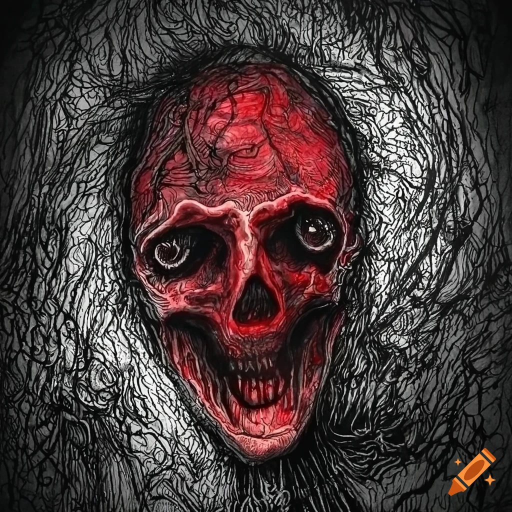 Intricate black, red, and white ink drawing of a tormented ghost in ...