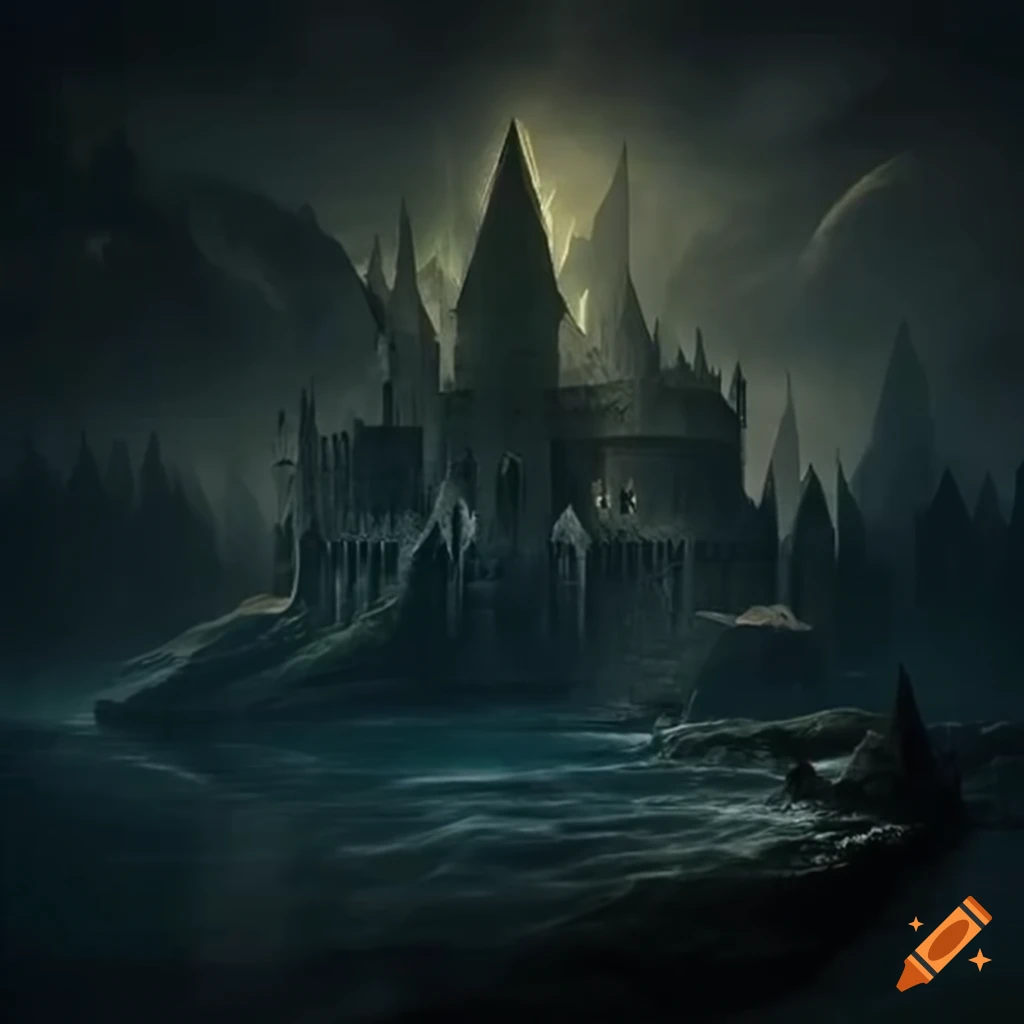 Dark elven castle between merging rivers in a fantasy landscape on Craiyon