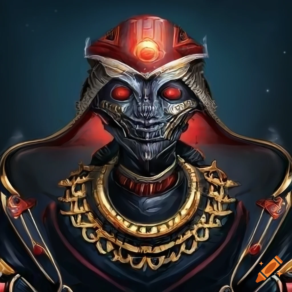 Sci-fi alien emperor with navy skin and black, red, and gold outfit in ...