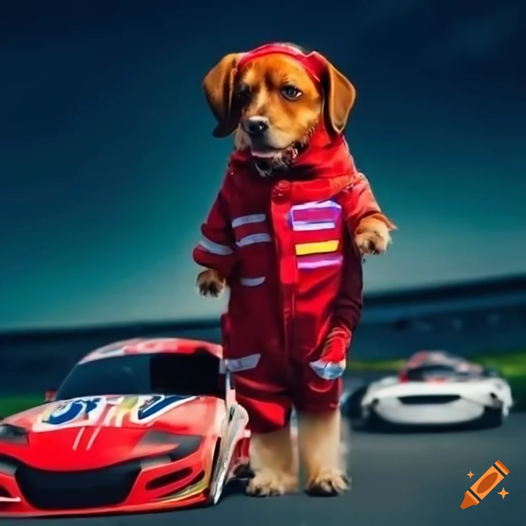 Adorable puppy in race car outfit by a race car on track on Craiyon