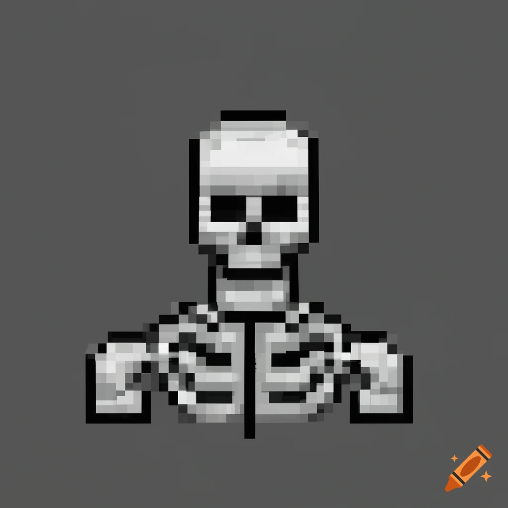 Pixel art of a computer with a pentagram and skeleton in black and ...