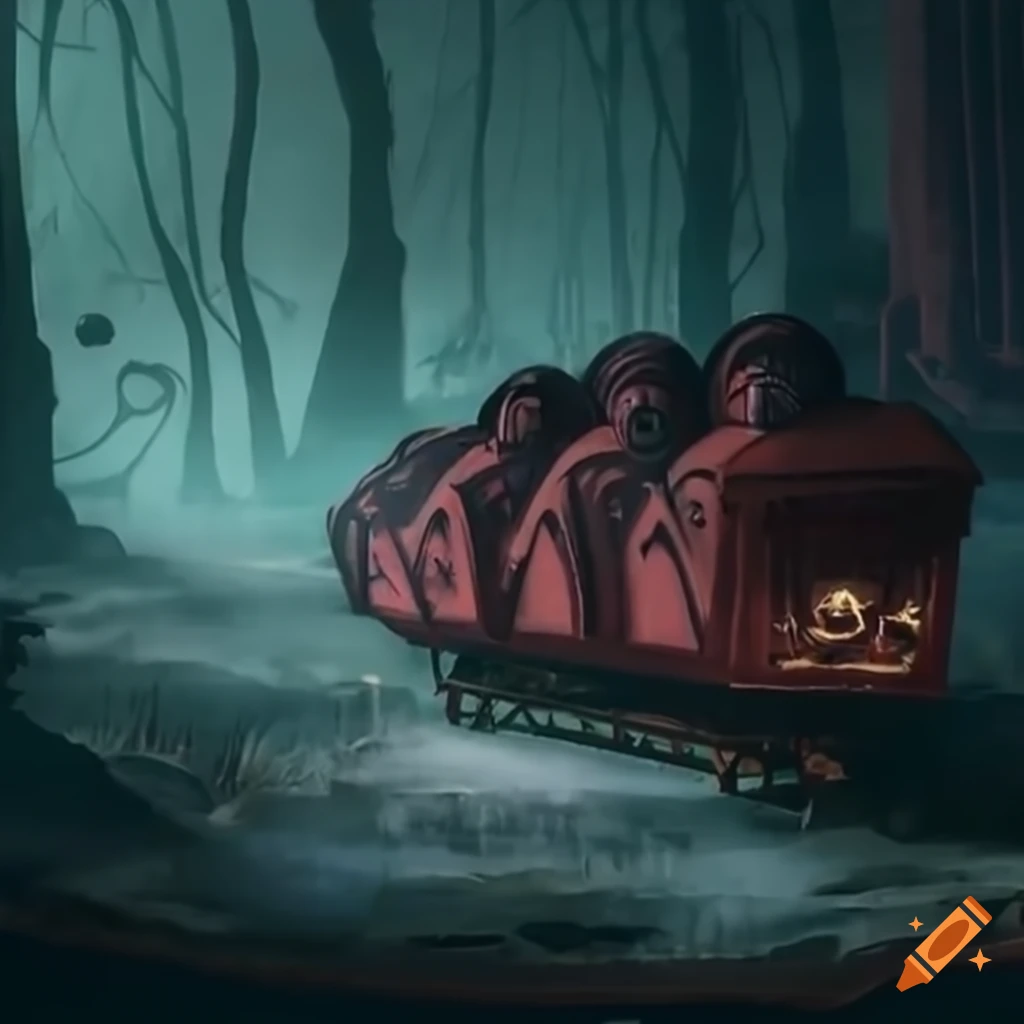 Eerie roller coaster car with intricate carvings and occult symbols in ...