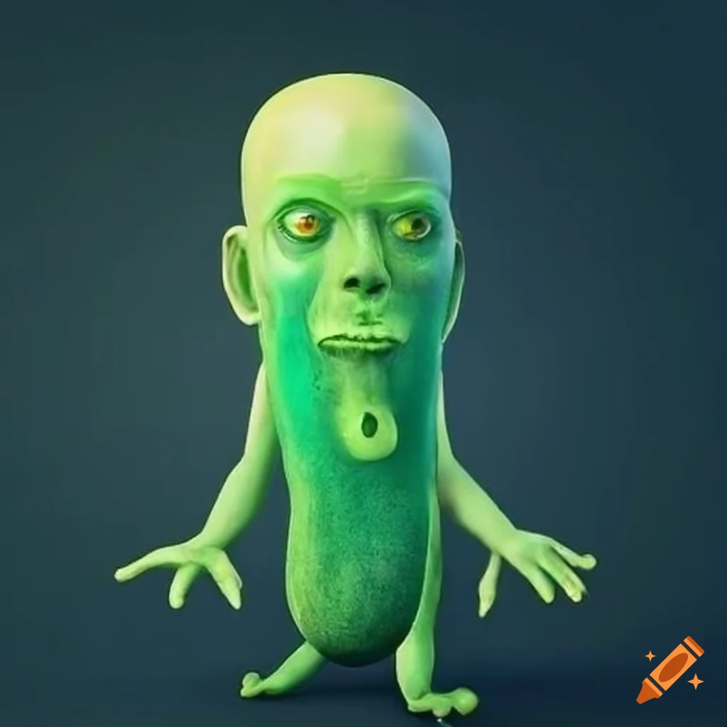 Character with a pickle-shaped green body and buzz cut haircut on Craiyon