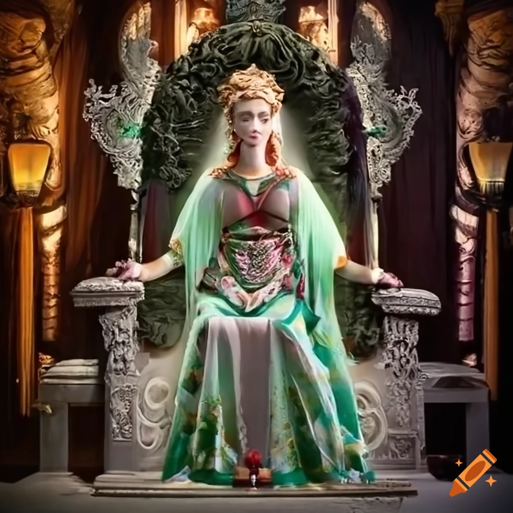 Goddess sitting on a stone throne in a flower cape inside a tree ...