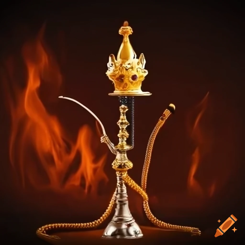 Elegant hookah with gold crown surrounded by fire flames on Craiyon