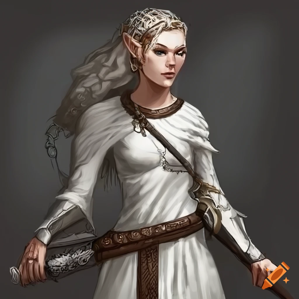 Half-elf cleric of selûne in chainmail and white robes with a rapier on ...