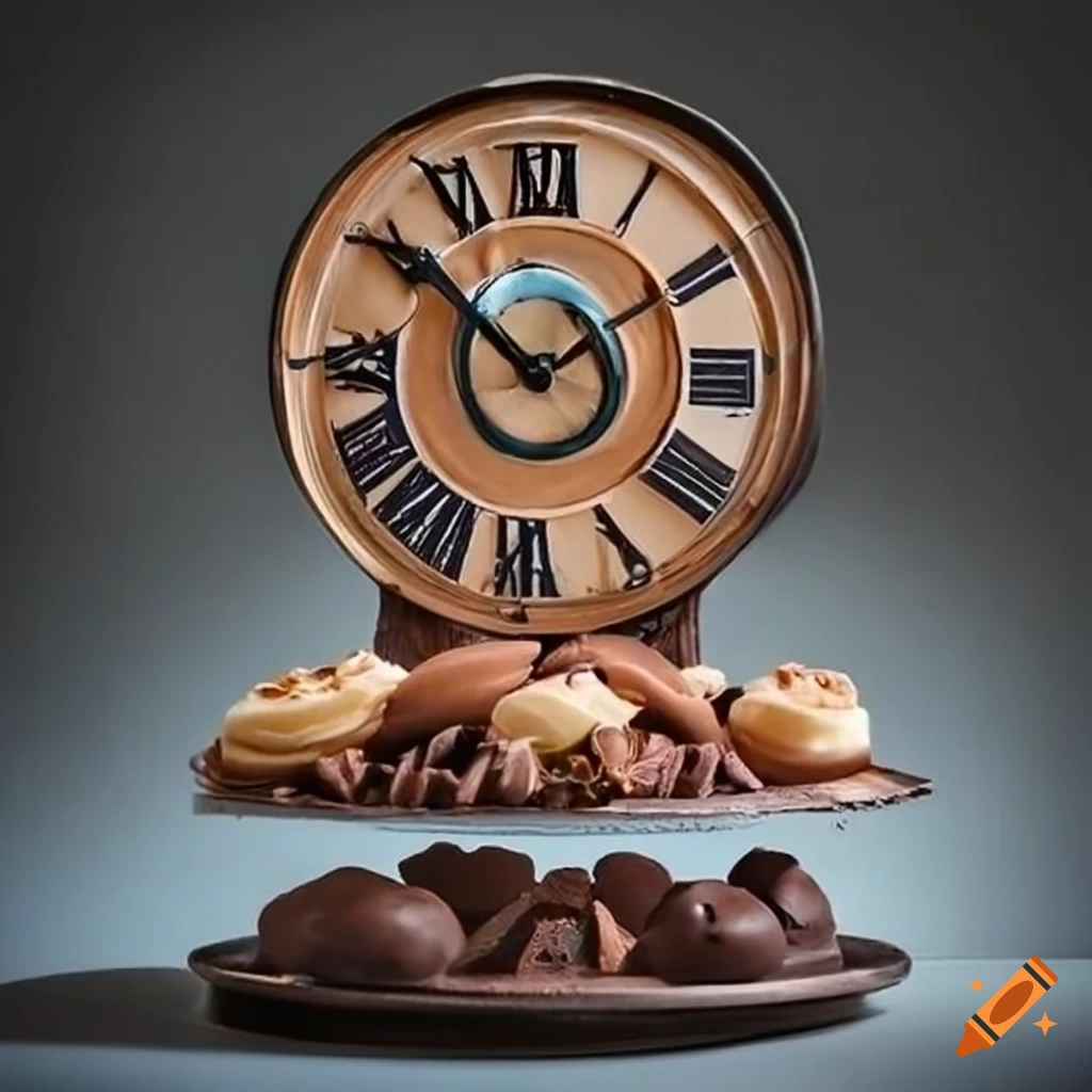 Unique sculpture of chocolate clocks on a dessert table on Craiyon