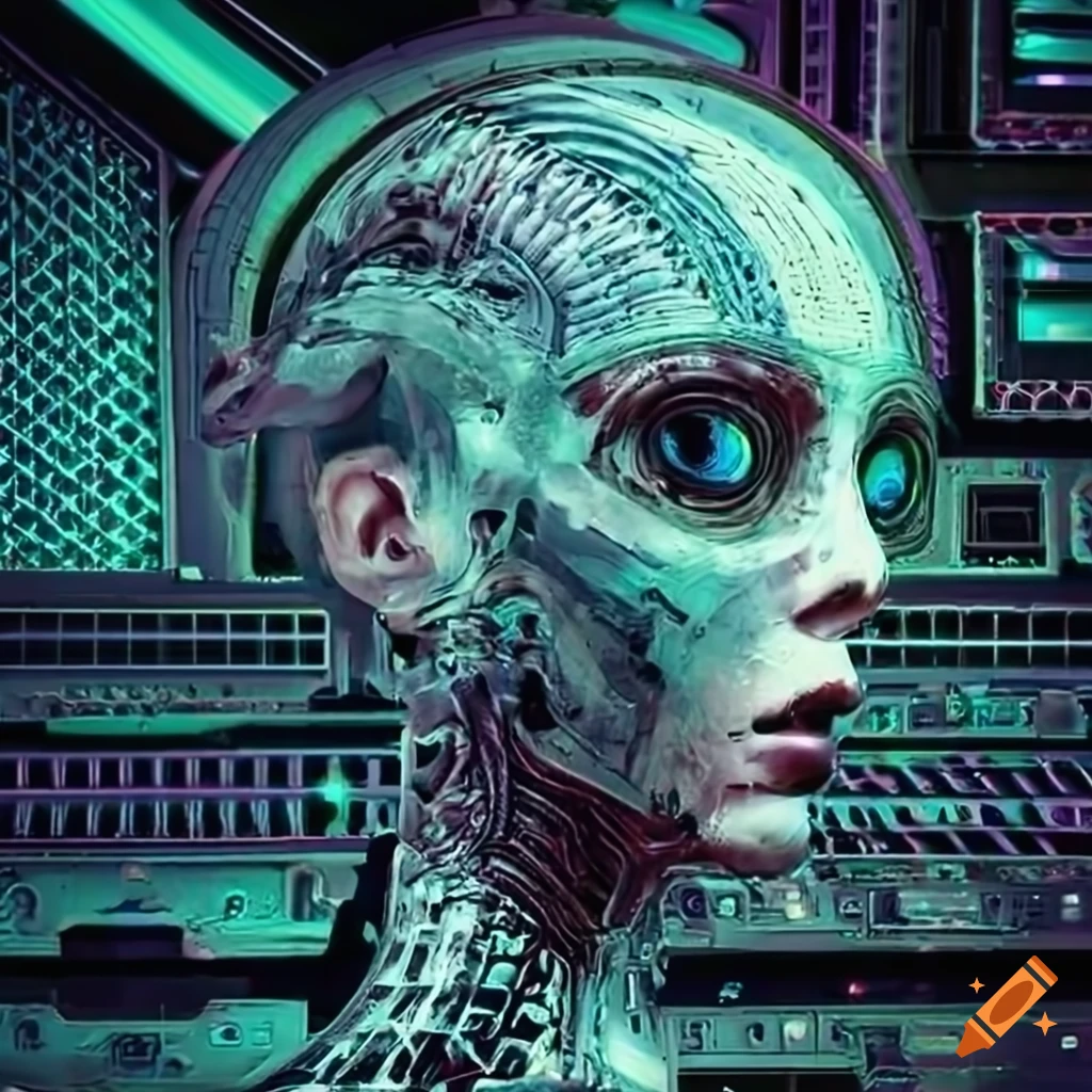 Surrealist aliens inside giger spaceship with futuristic technology on ...