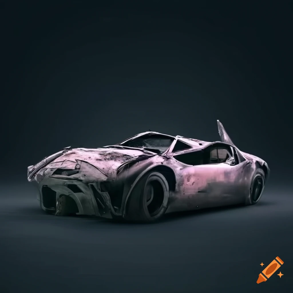 Futuristic post-apocalyptic sports car in destroyed Seattle city at ...