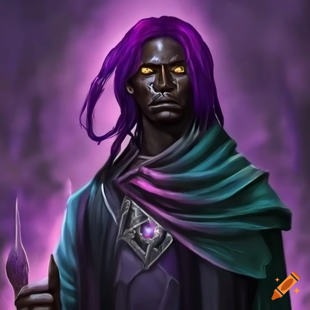 Dark-skinned male tiefling wizard with purple hair, tail, dagger, and ...