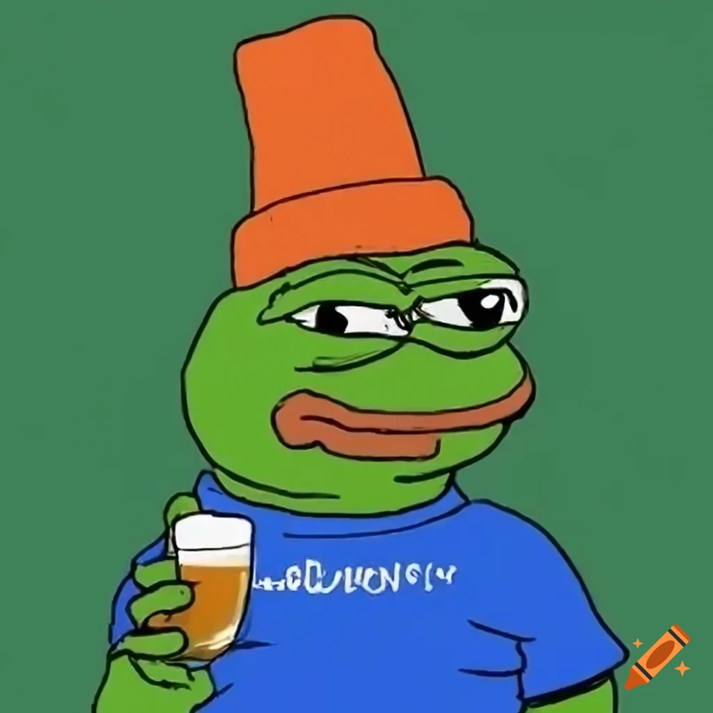 Beloved Pepe the Frog with an orange hat holding a frothy beer on Craiyon