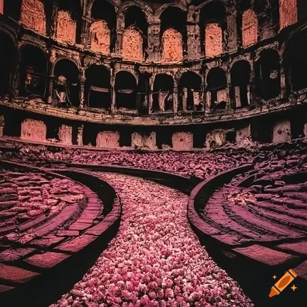 Blooming of destroyed buildings into a fantastical amphitheater on Craiyon