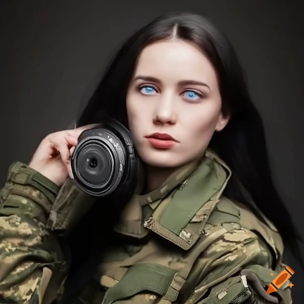 Russian female soldier with black hair, blue eyes, and pale skin on Craiyon