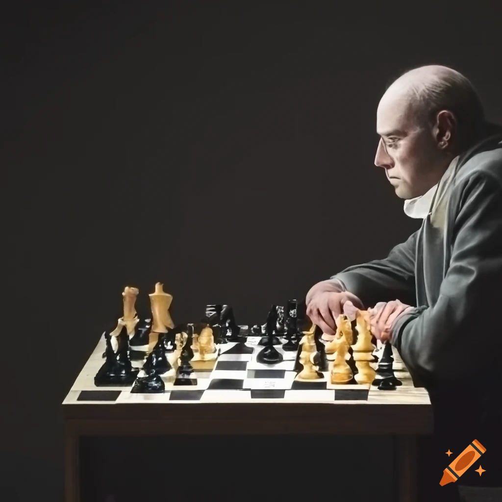 Focused chess player in a classic study under a spotlight on Craiyon