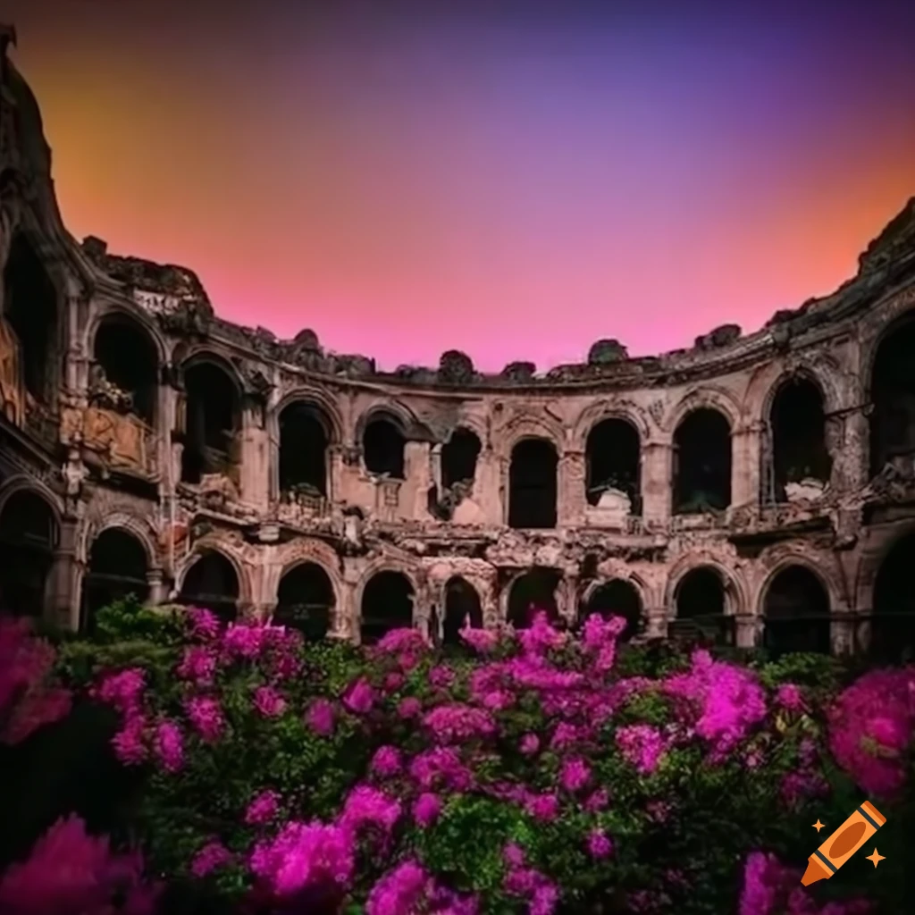 Blooming of destroyed buildings into a fantastical amphitheater on Craiyon